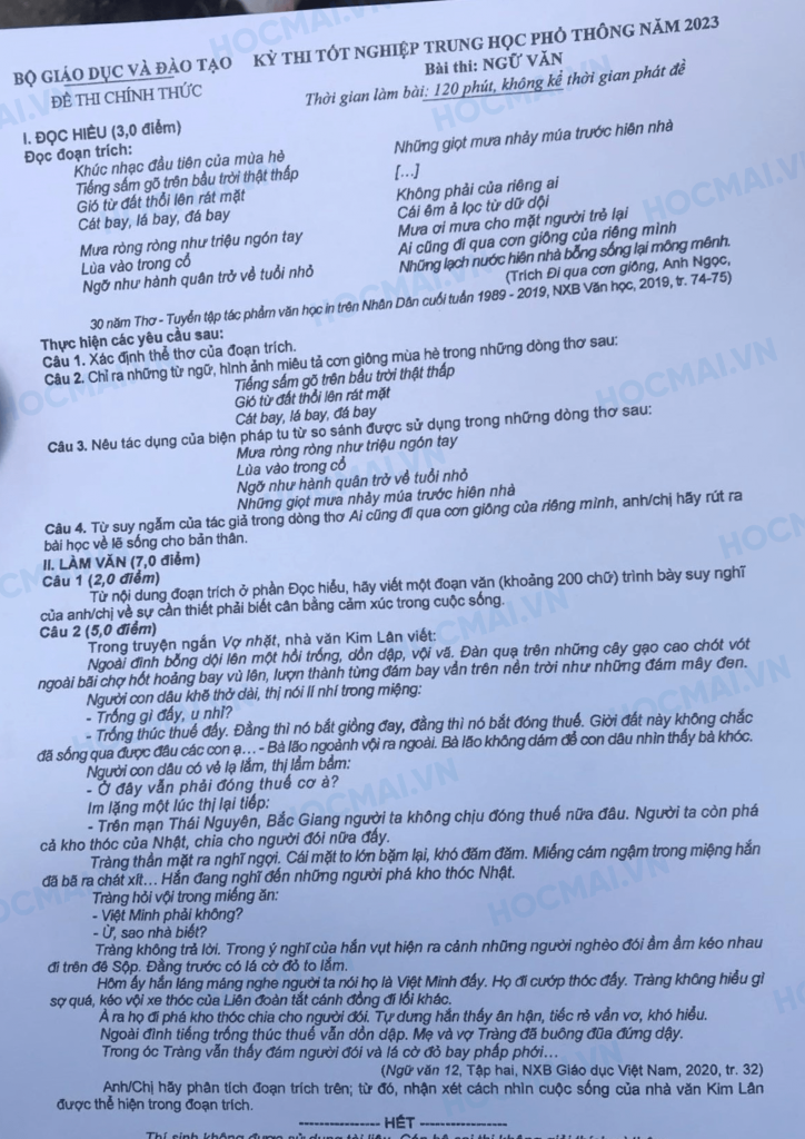Nhận định đề thi tốt nghiệp THPT 2023 môn Văn: Đề thi vừa sức, tính phân loại tốt – huongnghiep ...